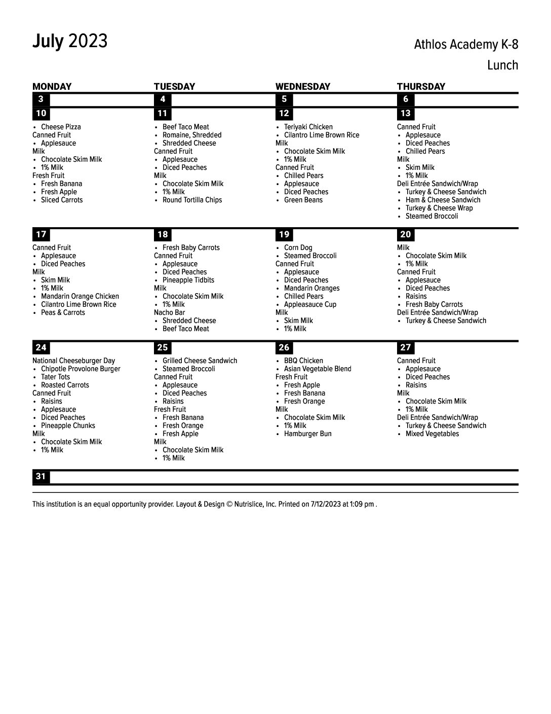 Menus & Nutrition - Athlos Academy of St. Cloud