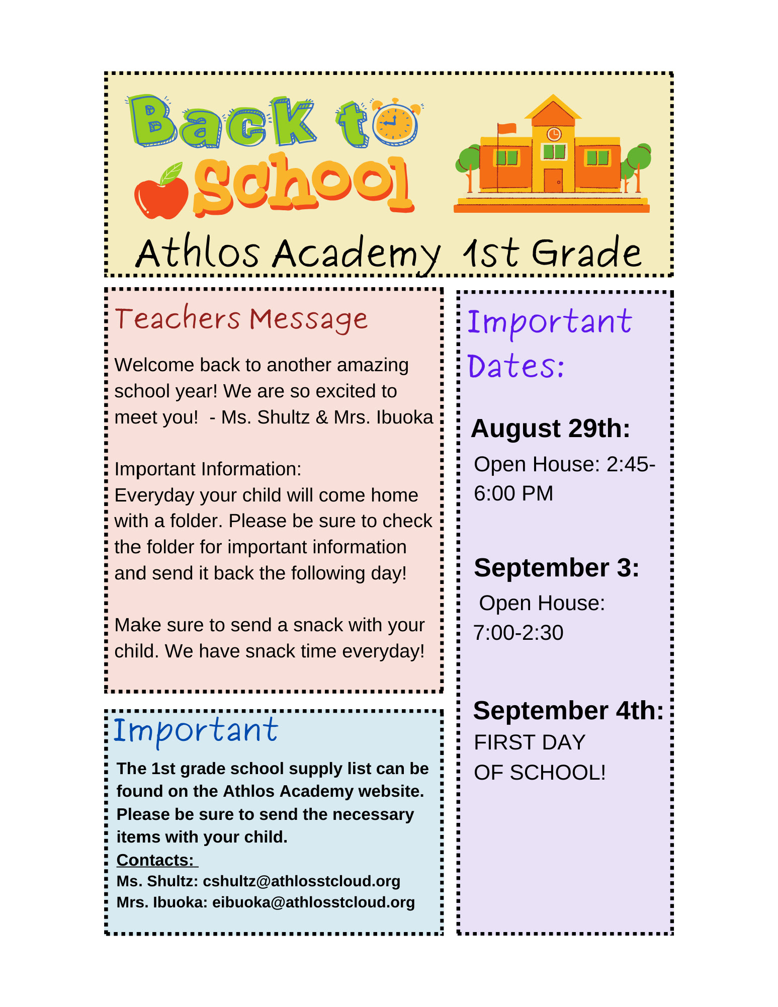 Grade 1 Welcome Back-to-School Newsletter - Athlos Academy of St. Cloud